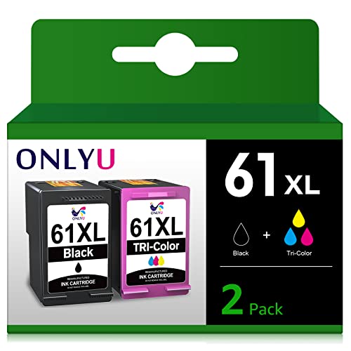 ONLYU Remanufactured 61 Ink Cartridges for HP Printers for HP 61XL 61 XL Envy 4500 5530 Ink Cartridges OfficeJet 4630 2620 DeskJet 1000 1010 1510 1056 1512 2540 Printer (1 Black,1 Tri-Color)