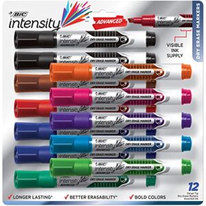 bic intensity advanced dry erase marker, tank style, chisel tip, assorted colors, bright & vivid colors, 12-count