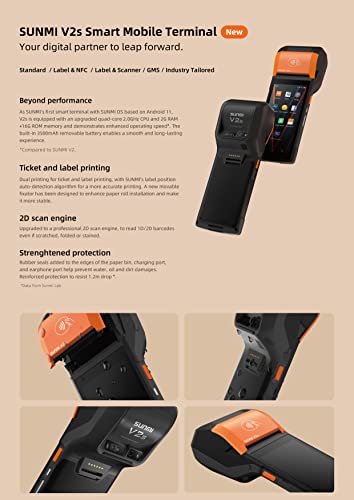 SKYPOS POINT OF SALE SYSTEMS Pos Android 11 Sunmi V2S 2GB 16GB 2X Camera 4G Android Handheld POS Terminal with Printer WiFi NFC Mobile POS Devices Thermal Ticket and Label Portable Printer (4G+NFC)