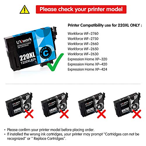 Uniwork Remanufactured Ink Cartridge Replacement for Epson 220 XL 220XL T220XL use for WorkForce WF-2750 WF-2760 WF-2630 WF-2650 WF-2660 XP-320 XP-420 Printer Tray (2 Black 1 Cyan 1 Magenta 1 Yellow)