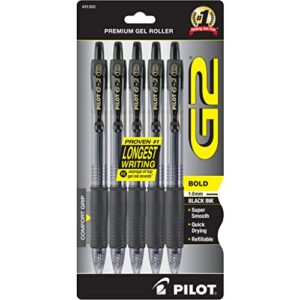 pilot g2 premium refillable & retractable rolling ball gel pens, bold point, black ink, 5-pack (31303)