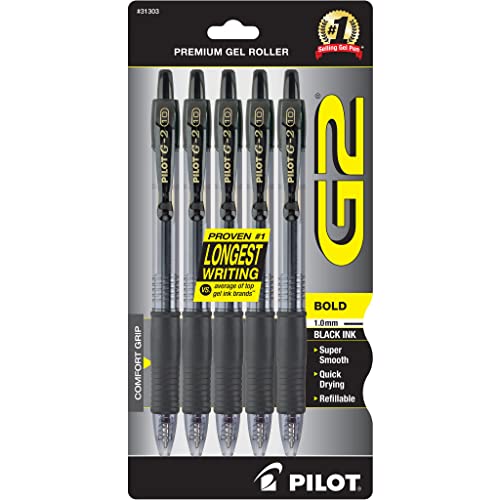 PILOT G2 Premium Refillable & Retractable Rolling Ball Gel Pens, Bold Point, Black Ink, 5-Pack (31303)