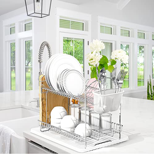 Simple Houseware 2-Tier Dish Rack with Drainboard, Chrome