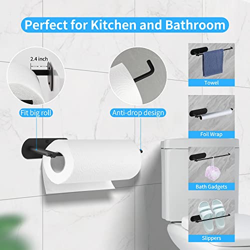 Hanging Paper Towel Holder Under Cabinet, Black Paper Towel Holder Wall Mount, Adhesive/Drilling Paper Towel Rack for Kitchen Towel Rolls Bathroom Wall, Black Toilet Paper Holder Stainless Steel