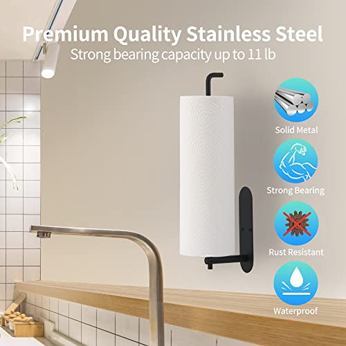 Hanging Paper Towel Holder Under Cabinet, Black Paper Towel Holder Wall Mount, Adhesive/Drilling Paper Towel Rack for Kitchen Towel Rolls Bathroom Wall, Black Toilet Paper Holder Stainless Steel