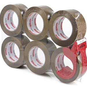 JIALAI HOME Heavy Duty Brown Packing Tape 6 Rolls with Dispenser, 2.4 mil, 1.88 inch x 110 Yards, Ultra Strong, Refill for Industrial Shipping Box Packaging Tape for Moving, Office, & Storage