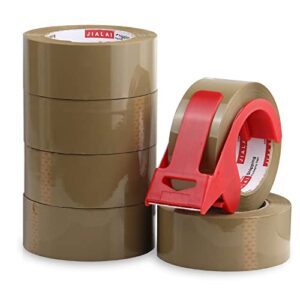 JIALAI HOME Heavy Duty Brown Packing Tape 6 Rolls with Dispenser, 2.4 mil, 1.88 inch x 110 Yards, Ultra Strong, Refill for Industrial Shipping Box Packaging Tape for Moving, Office, & Storage