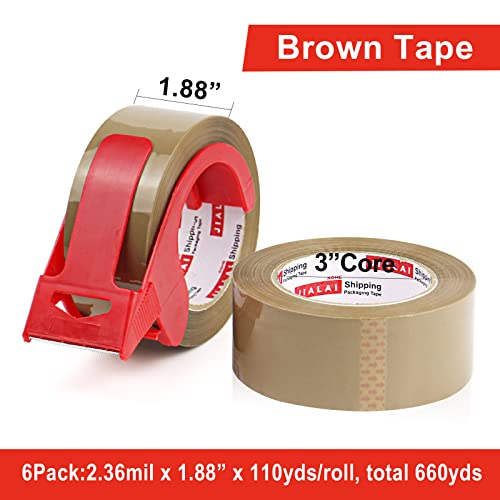 JIALAI HOME Heavy Duty Brown Packing Tape 6 Rolls with Dispenser, 2.4 mil, 1.88 inch x 110 Yards, Ultra Strong, Refill for Industrial Shipping Box Packaging Tape for Moving, Office, & Storage