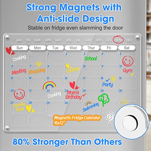 OORAII Magnetic Acrylic Calendar for Fridge Refrigerator Monthly Dry Erase Board w/ 8 Markers & Magnetic Pen Holder, Organic Glass Clear Planning Whiteboard Workout Board Meal Planner Magnetic 16x12''