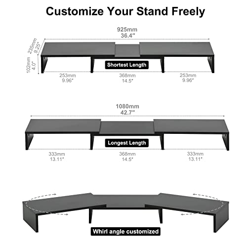 FITUEYES Dual Monitor Stand – 3 Shelf Computer Monitor Riser, Wood Desktop Stand with Adjustable Length and Angle, Desk Accessories, Office Supplies Medium Black,DT108001WB