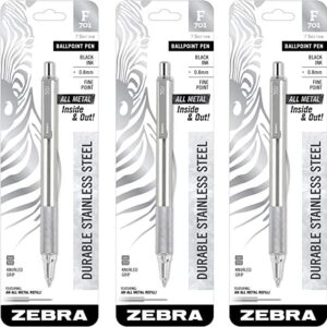 3 – zebra f-701 ballpoint pens, stainless steel with knurled grip, pk of 3 pens