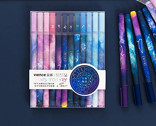 Jisomin 12 pcs Constellation Gel Ink Pens, Creative Galaxy Pens, 0.5mm Extra-Fine Ballpoint Pen, Promotional Gift Stationery School Office Supply (Black Ink)