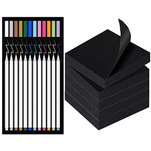 black sticky notes and gel pens for black paper | 12 metallic pens for black paper, including white gel pen, gold and silver | 3×3 unique sticky notes 500ct | gel pens and black sticky notes