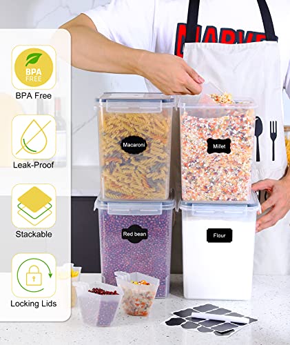 Pantry Organization and Storage Set 4 Pieces Kitchen Containers with Lids Large 5.2L Dry Food Storage Containers Airtight Bulk Plastic Flour Sugar Containers with Measuring Spoon,Labels