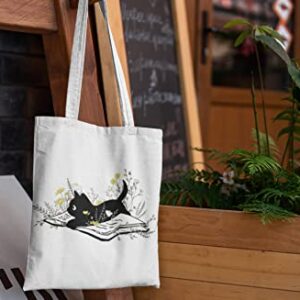 Mahrokh Canvas Tote Bag for Woman Funny Aesthetic Tote Bag Cute Cat Flower Reusable Grocery Bags