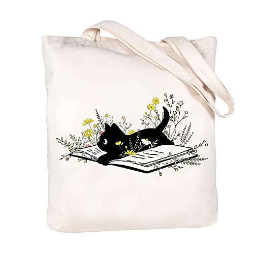 Mahrokh Canvas Tote Bag for Woman Funny Aesthetic Tote Bag Cute Cat Flower Reusable Grocery Bags