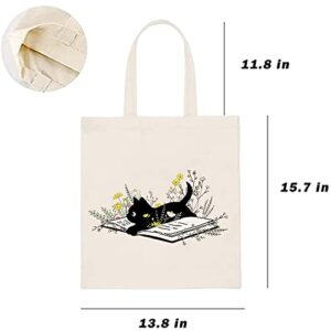 Mahrokh Canvas Tote Bag for Woman Funny Aesthetic Tote Bag Cute Cat Flower Reusable Grocery Bags