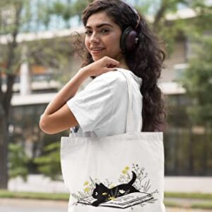 Mahrokh Canvas Tote Bag for Woman Funny Aesthetic Tote Bag Cute Cat Flower Reusable Grocery Bags