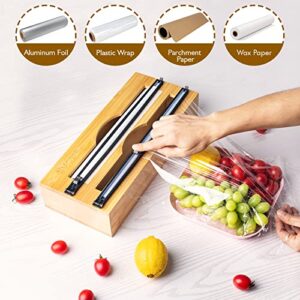 Foil and plastic Wrap Dispenser with Cutter, 2 in 1 Wrap Dispenser, Parchment, Wax Paper and Aluminum Foil Dispenser for Kitchen Drawer, Bamboo Wrap Dispenser, Compatible with 12" Roll