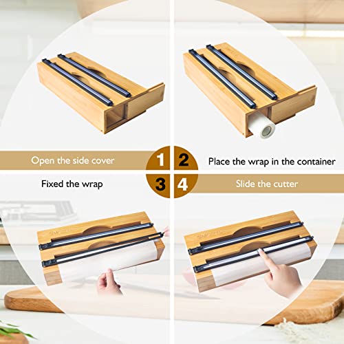 Foil and plastic Wrap Dispenser with Cutter, 2 in 1 Wrap Dispenser, Parchment, Wax Paper and Aluminum Foil Dispenser for Kitchen Drawer, Bamboo Wrap Dispenser, Compatible with 12" Roll