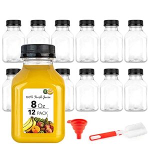 juice bottles with caps for juicing & smoothies, reusable clear empty plastic bottles with caps, 8 ounce drink containers for mini fridge, juicer shots, small water bottles bulk 8 oz (12 pack)