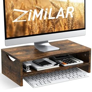 zimilar monitor stand riser, 2 tiers laptop computer monitor riser for pc screen, imac, desktop wooden screen monitor stand riser with storage organizer for home office