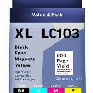 Brother LC103 / 101 Compatible High Yield Ink Cartridge Made by InkjetsClub Replacement 4 Pack Value Pack. Includes 1 Black, 1 Cyan, 1 Magenta and 1 Yellow Compatible Ink Cartridges