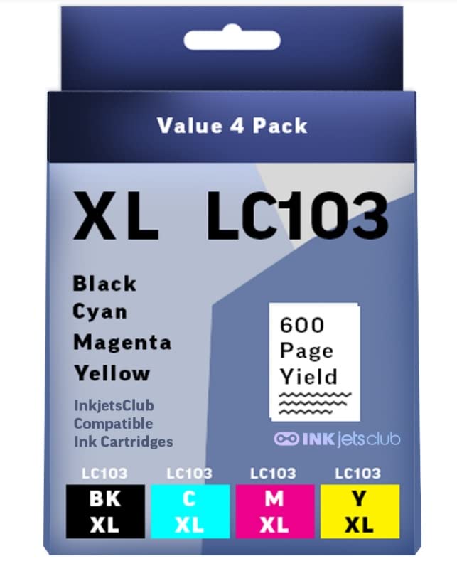 Brother LC103 / 101 Compatible High Yield Ink Cartridge Made by InkjetsClub Replacement 4 Pack Value Pack. Includes 1 Black, 1 Cyan, 1 Magenta and 1 Yellow Compatible Ink Cartridges