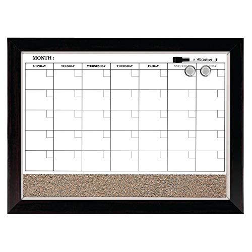 Quartet Combination Magnetic Whiteboard Calendar & Corkboard, 17" x 23" Combo Dry Erase White Board & Cork Bulletin Board, Perfect for Office, Home School Message Board, Wood Frame (22476)