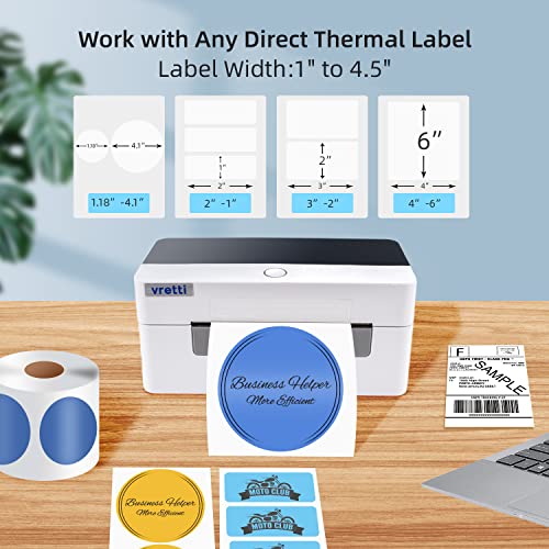 VRETTI Bluetooth Thermal Label Printer with Pack of 250 4x6 Per Fan-fold Labels for Small Business & Shipping Packages