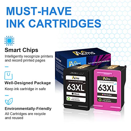 FAcms Remanufactured Ink Cartridge Replacement for HP 63 63XL 63XL for Envy 4520 4512 4513 4516 OfficeJet 3830 5255 5258 DeskJet 1112 1110 3630 3632 3634 2130 2132 Printer(1 Black 1 Tri-Color)