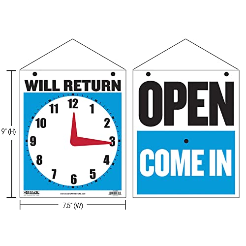 BAZIC Open Sign 7.5"x9", Clock Will Return Will be Back, Double Sides Plastic Vinyl Signs, Business Store Office Bars Retail Salon Shop, 1-Pack