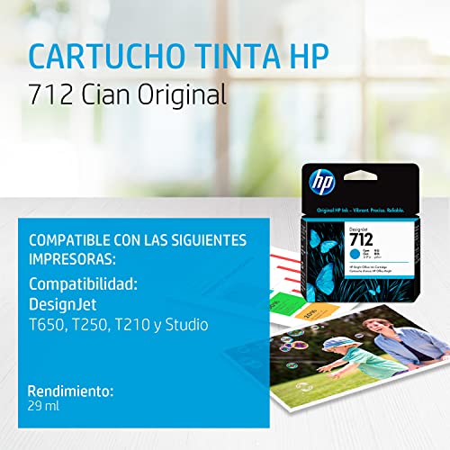 HP 712 Cyan 29-ml Genuine Ink Cartridge (3ED67A) for DesignJet T650, T630, T230, T210 & Studio Plotter Printers