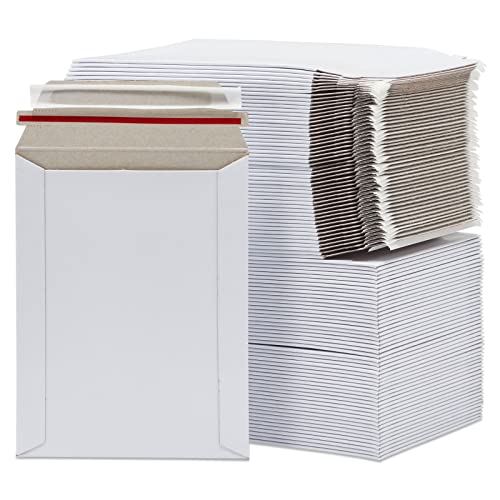 100 Pack Stay Flat Rigid Mailers 6x8, Self Adhesive Bulk White Cardboard Envelopes for Shipping Photo, Documents