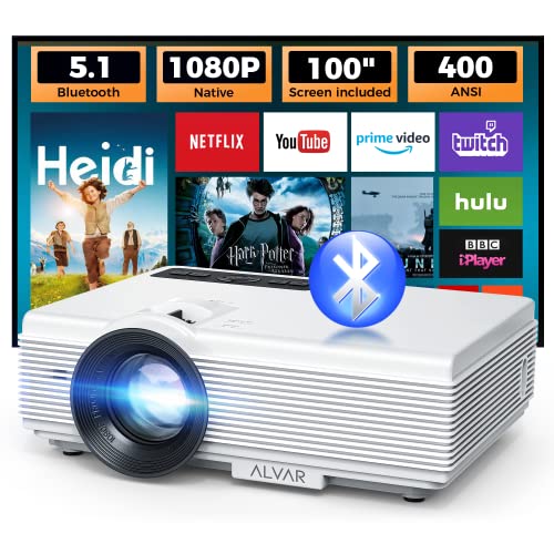 ALVAR Native 1080P Bluetooth Projector w/ 100'' Screen, 4K Supported, 10000 Lux & 400 ANSI Portable Outdoor Movie Projector w/ 60000 Hrs LED Lamp Life, Compatible with TV Stick, HDMI and USB