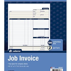 Adams Job Invoice Forms, 2-Part Carbonless, For Service and Repair Billing, 100 Individual Sets Per Pack (NC2817), White, 8-1/2 x 11Inches