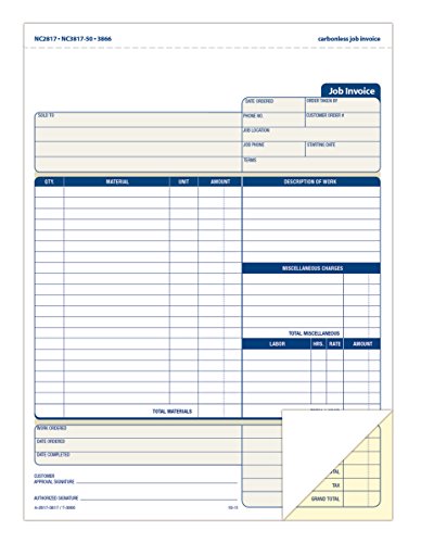 Adams Job Invoice Forms, 2-Part Carbonless, For Service and Repair Billing, 100 Individual Sets Per Pack (NC2817), White, 8-1/2 x 11Inches