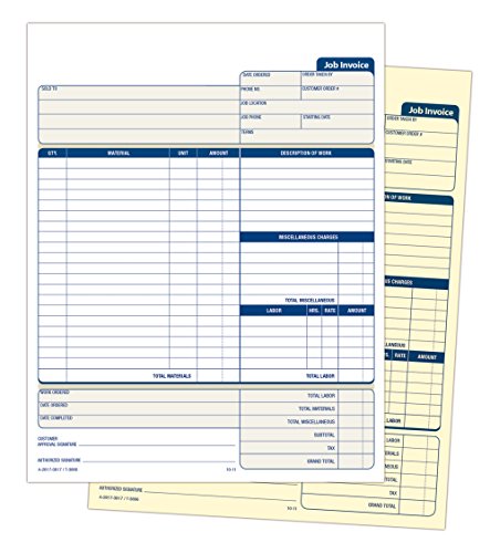 Adams Job Invoice Forms, 2-Part Carbonless, For Service and Repair Billing, 100 Individual Sets Per Pack (NC2817), White, 8-1/2 x 11Inches