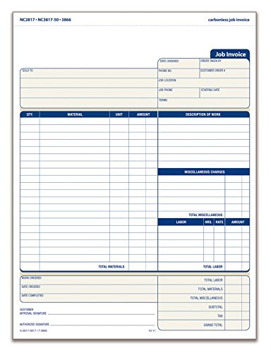 Adams Job Invoice Forms, 2-Part Carbonless, For Service and Repair Billing, 100 Individual Sets Per Pack (NC2817), White, 8-1/2 x 11Inches