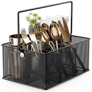 furninxs utensil caddy, cutlery silverware caddy with 4 compartments, mesh flatware holder organizer perfect for home, kitchen, countertop, party, camping, outdoor and restaurant (black)