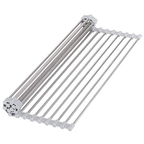 Hhyn Roll-Up Sink Drying Rack 17.7"(L) x 13.8"(W) - Multipurpose Heat Resistant Over The Sink Stainless Steel & Silicone Dish Drying Rack Rollable Kitchen Dish Drainer, Gray