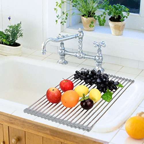 Hhyn Roll-Up Sink Drying Rack 17.7"(L) x 13.8"(W) - Multipurpose Heat Resistant Over The Sink Stainless Steel & Silicone Dish Drying Rack Rollable Kitchen Dish Drainer, Gray