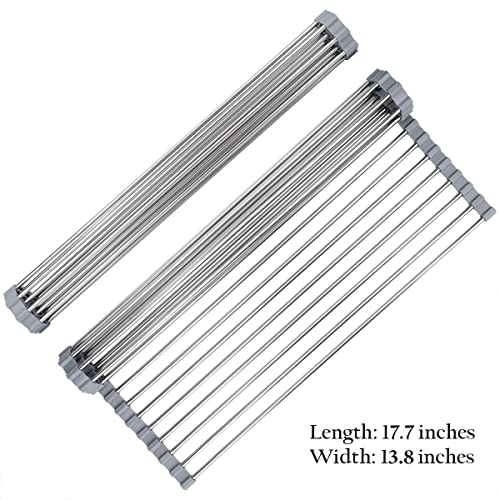 Hhyn Roll-Up Sink Drying Rack 17.7"(L) x 13.8"(W) - Multipurpose Heat Resistant Over The Sink Stainless Steel & Silicone Dish Drying Rack Rollable Kitchen Dish Drainer, Gray