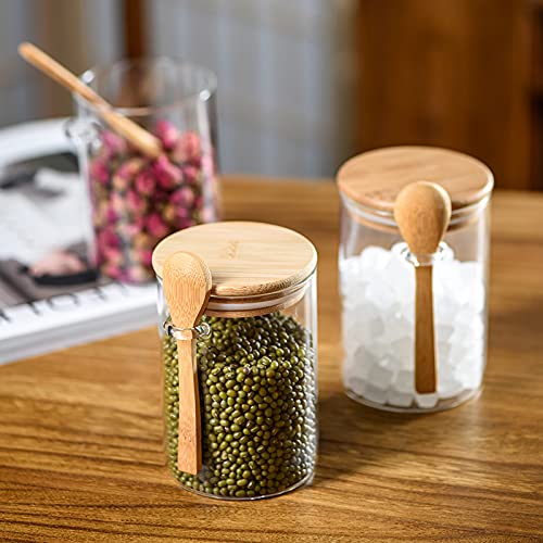 Piscepio Glass Jar Containers with Bamboo Airtight Lid Wooden Spoon Scoop Food Storage Canister Clear Glass Containers Kitchen Organization Jars 3 Pcs 450ML