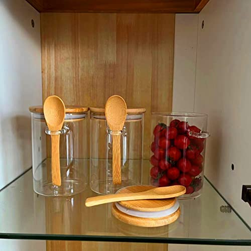 Piscepio Glass Jar Containers with Bamboo Airtight Lid Wooden Spoon Scoop Food Storage Canister Clear Glass Containers Kitchen Organization Jars 3 Pcs 450ML