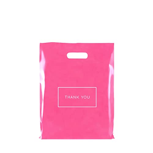 Purple Q Crafts Pink Die Cut Plastic Shopping Bags with Thank You Logo 9" x 12" Boutique Bags with Handles 50 Pack for Merchandise, Gifts, Trade Shows and More