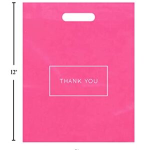 Purple Q Crafts Pink Die Cut Plastic Shopping Bags with Thank You Logo 9" x 12" Boutique Bags with Handles 50 Pack for Merchandise, Gifts, Trade Shows and More