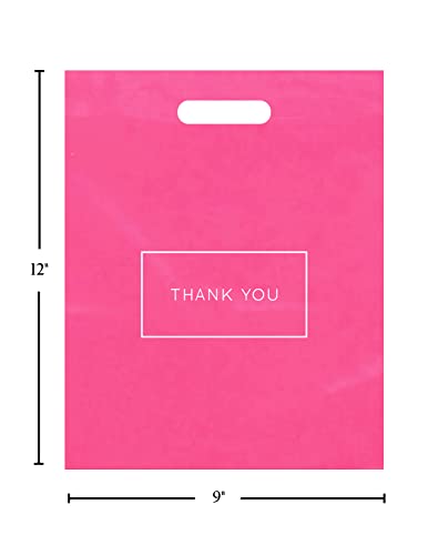 Purple Q Crafts Pink Die Cut Plastic Shopping Bags with Thank You Logo 9" x 12" Boutique Bags with Handles 50 Pack for Merchandise, Gifts, Trade Shows and More