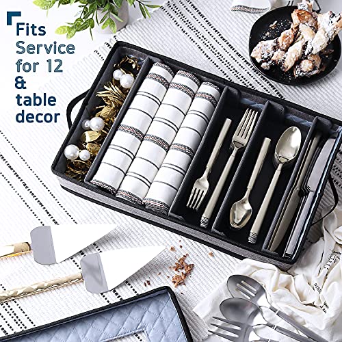 Flatware & Utensil Storage, China Storage Containers Hard Shell, Flatware Storage Case for a Set of 12, Padded Dinnerware Storage Containers with Dividers, Handles & Zippers for Storage & Transport