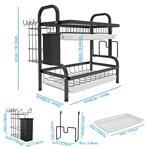 Astoryou Dish Drying Rack, 2 Tier Dish Racks for Kitchen Counter, Rust-Resistant Drying Rack Kitchen Dish Drainers with Drainboard ,Utensil Holder and Cutting Board Holder, Black